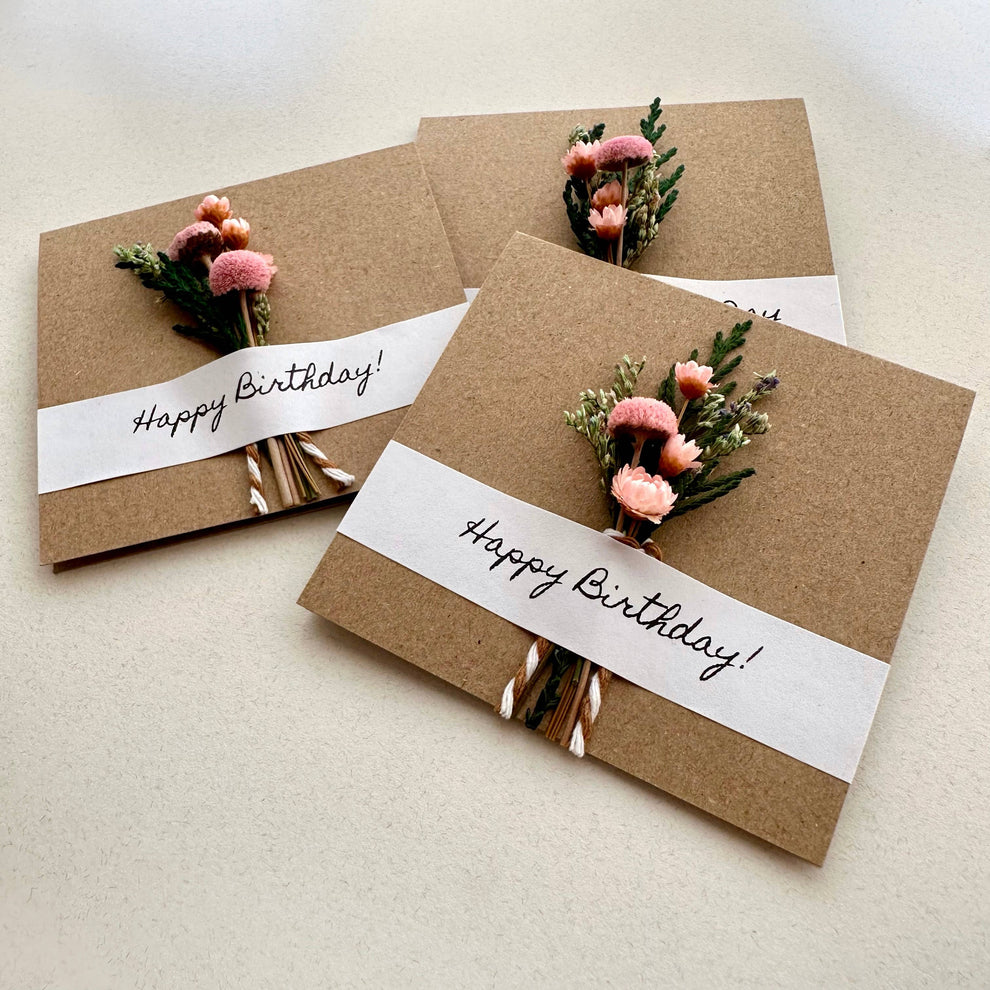 Happy Birthday Mini Pink Dried Floral Bouquet Card – ART Cloth + Craft